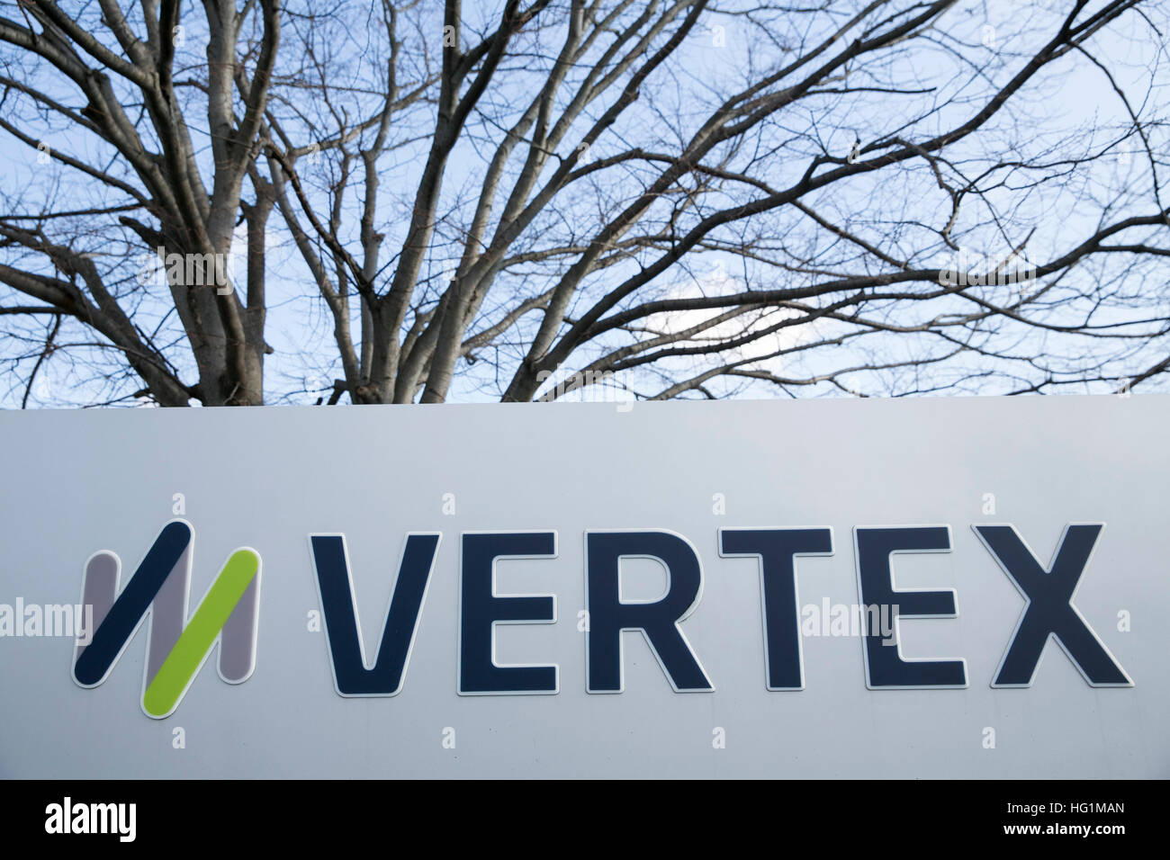 A logo sign outside of the headquarters of software maker Vertex, Inc ...