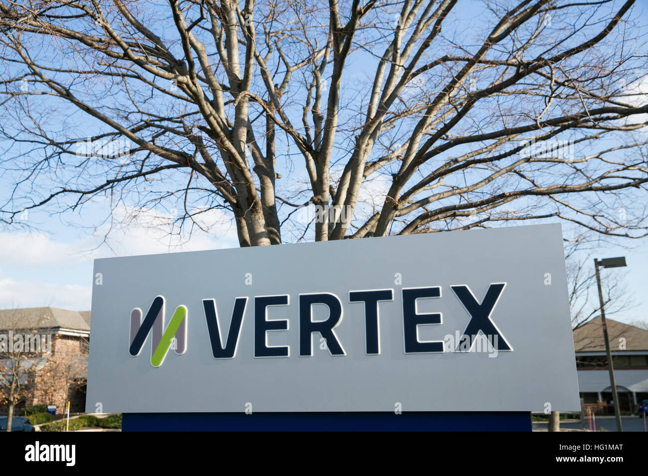 A logo sign outside of the headquarters of software maker Vertex, Inc ...