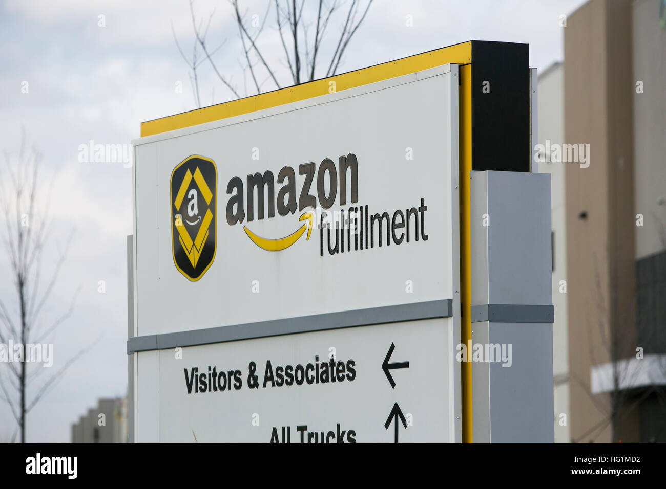 A logo sign outside of an Amazon Fulfillment center in Robbinsville ...