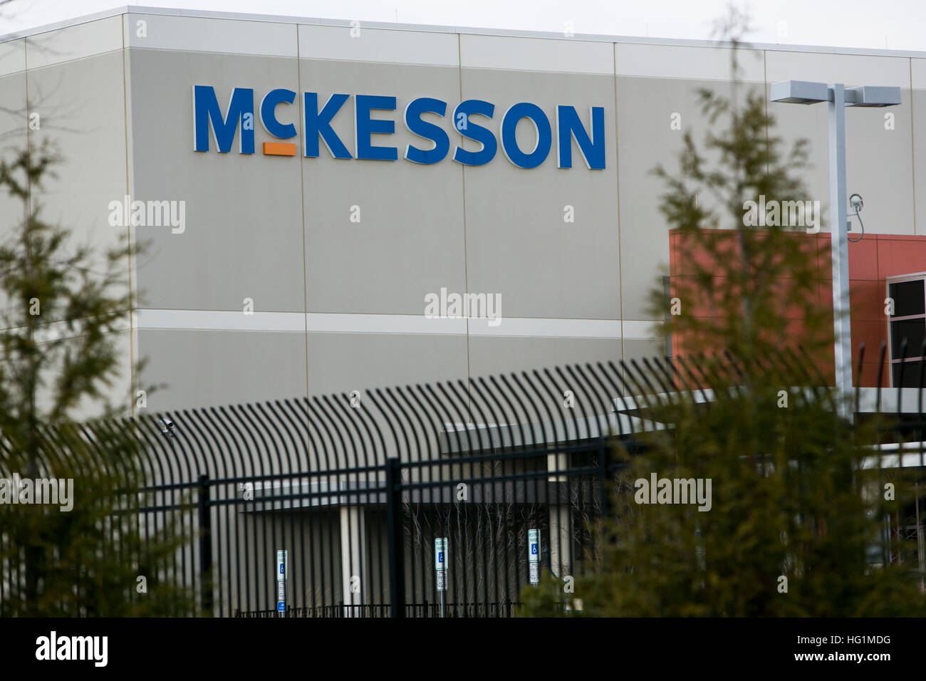 A logo sign outside of a facility occupied by the McKesson Corporation ...