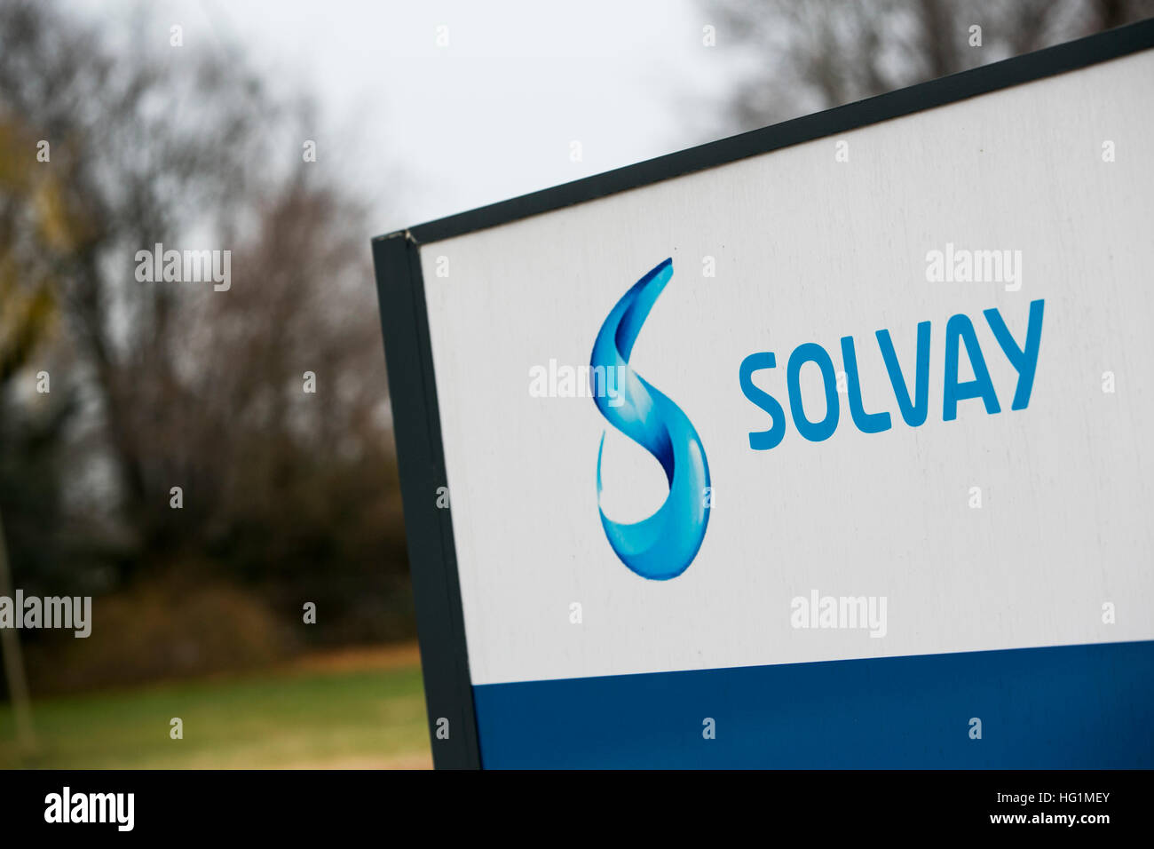 A logo sign outside of a facility occupied by Solvay S.A., in Thorofare ...