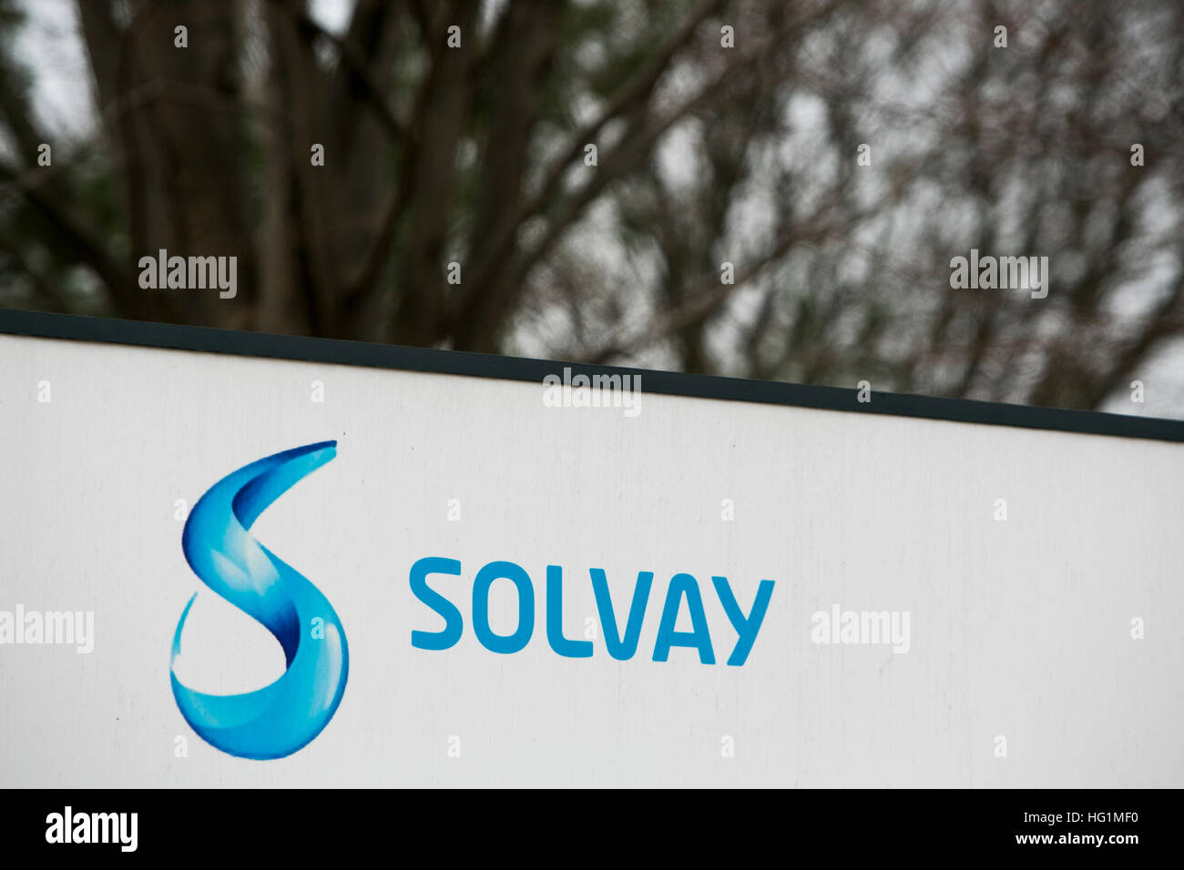 A logo sign outside of a facility occupied by Solvay S.A., in Thorofare ...