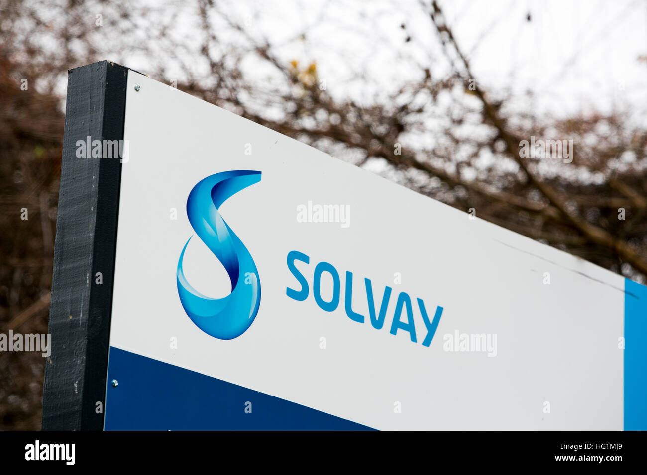 A logo sign outside of a facility occupied by Solvay in Havre De Grace ...