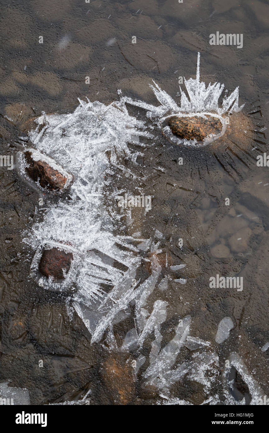 Rocks, frozen water and ice crystals in a lake viewed from above in ...