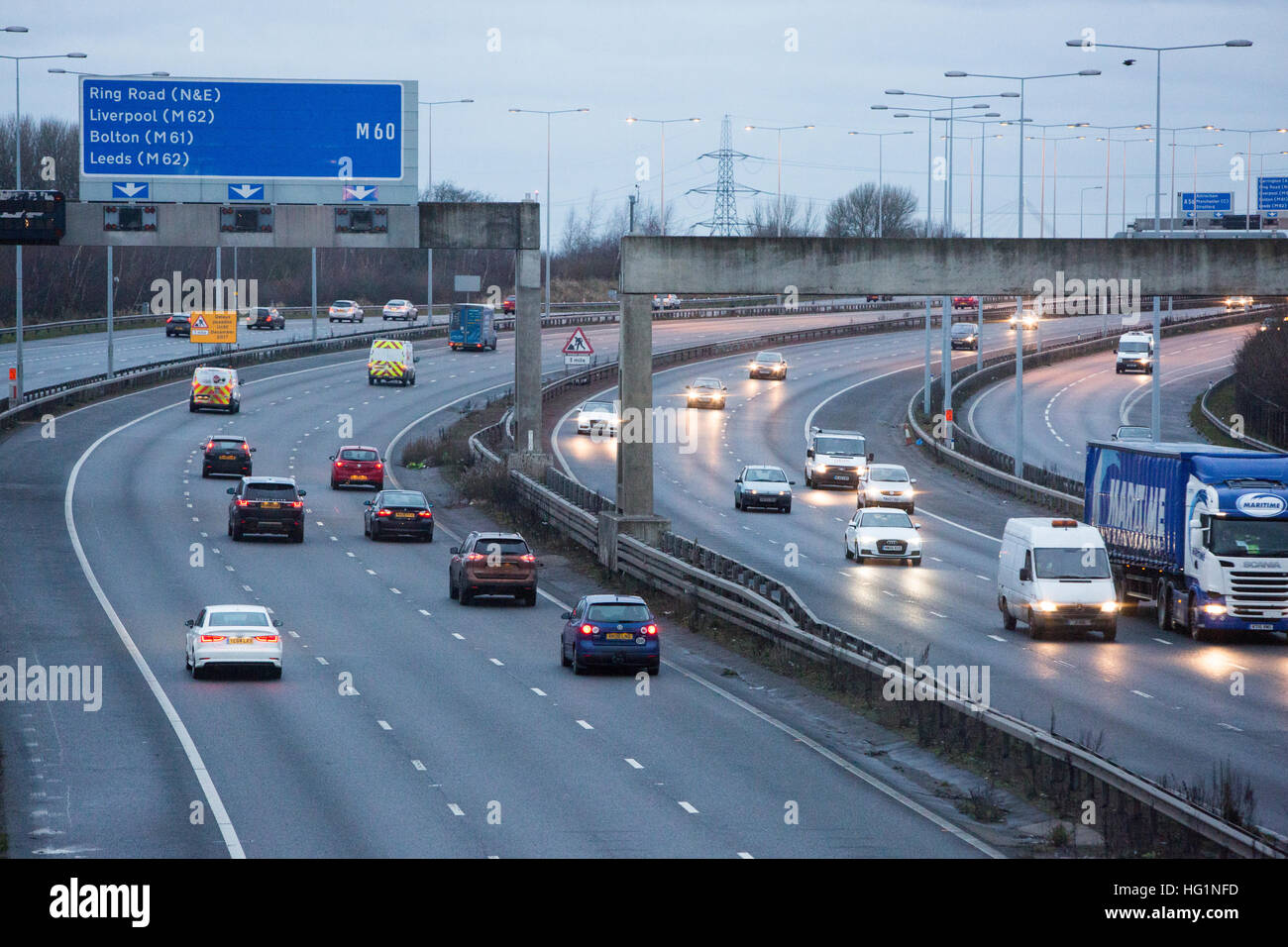 Busy traffic on the M60 motorway in Manchester near Sale Stock Photo ...