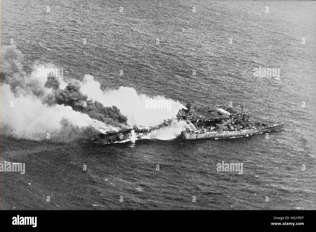 USS Franklin (CV-13) burning aerial view Stock Photo - Alamy