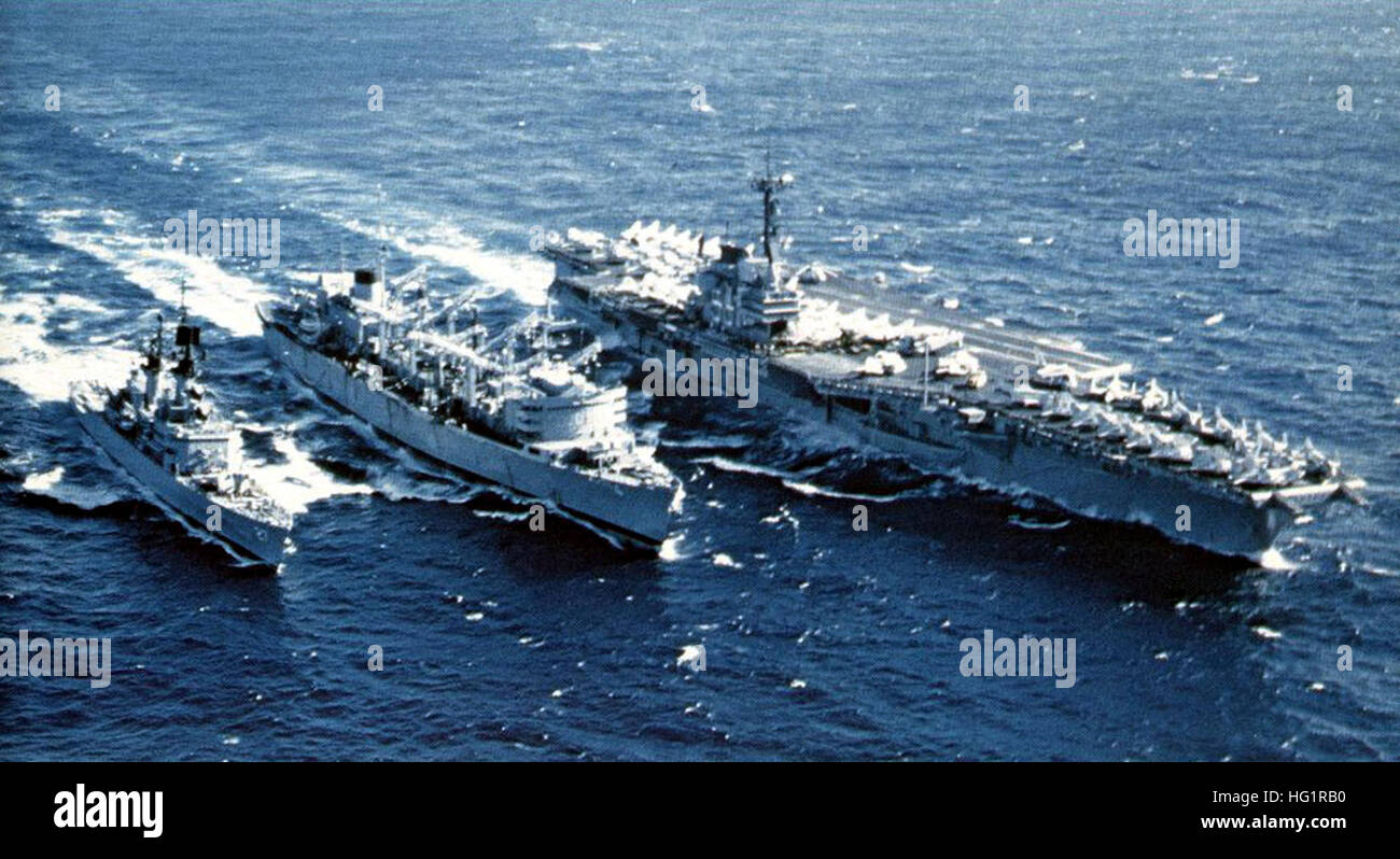 USS Detroit (AOE-4) refueling Forrestal (CV-59) and Josephus Daniels ...