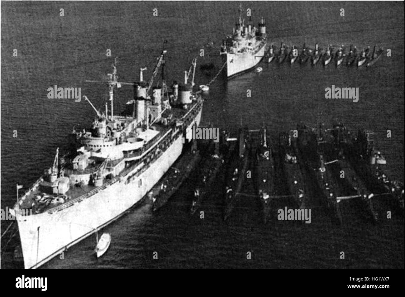 USS Nereus (AS-17) and USS Fulton (AS-11) with submarines at San Diego ...