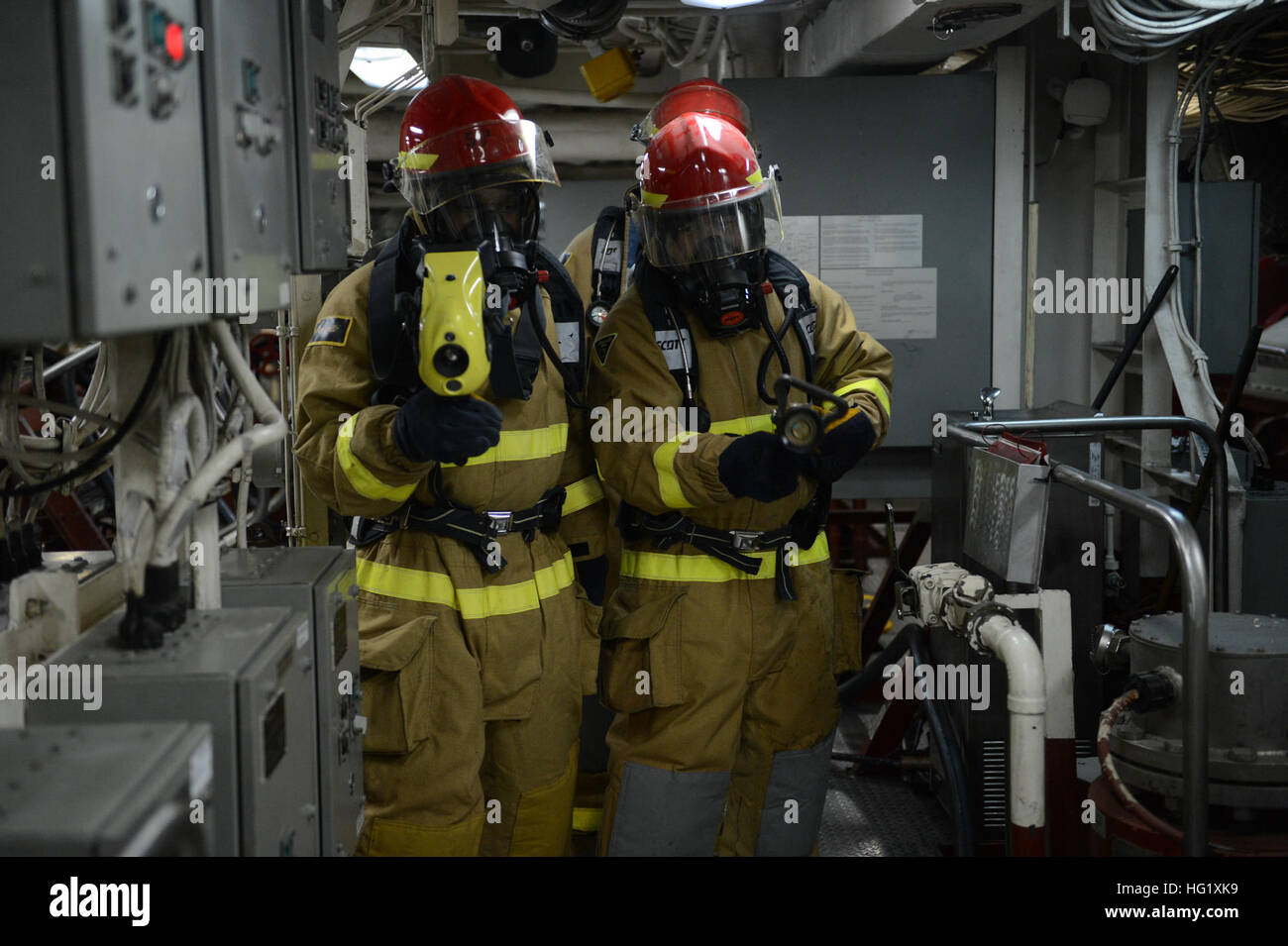 U.S. Sailors participate in a firefighting exercise aboard the ...