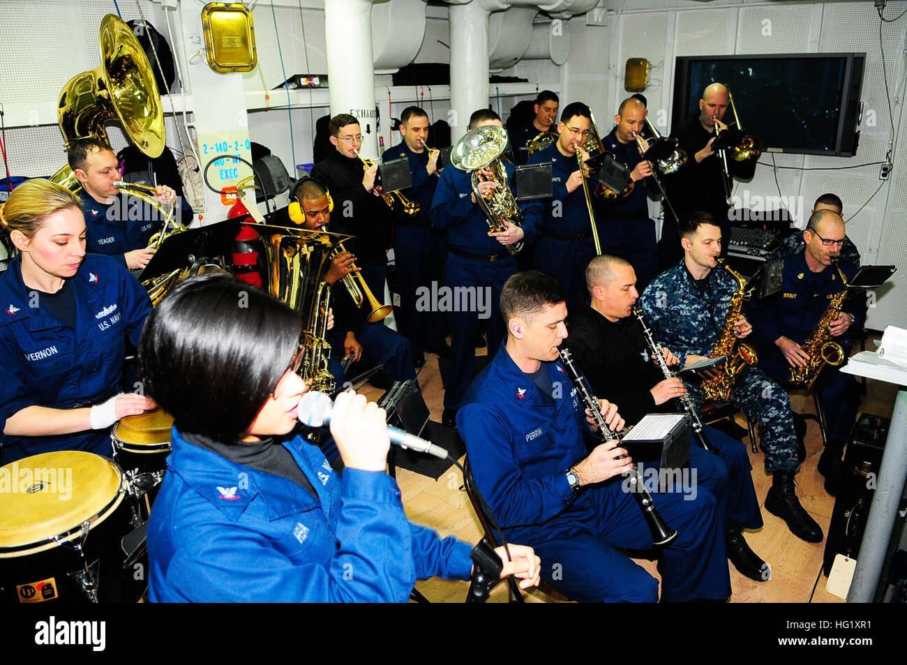 The U.S. Seventh Fleet Band practices on board flagship USS Blue Ridge ...