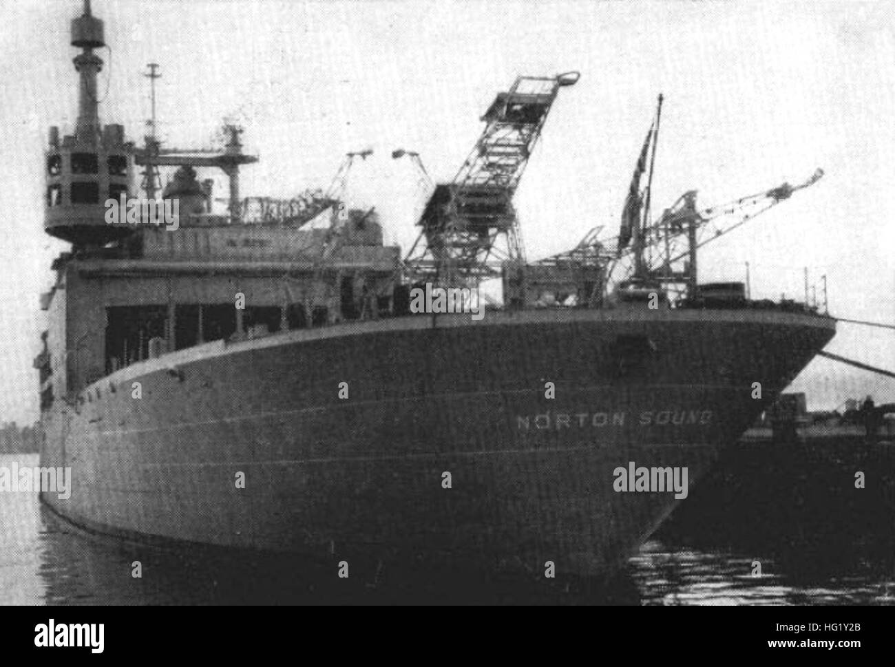 USS Norton Sound (AV-11) fantail with rocket launch pad in 1948 Stock ...