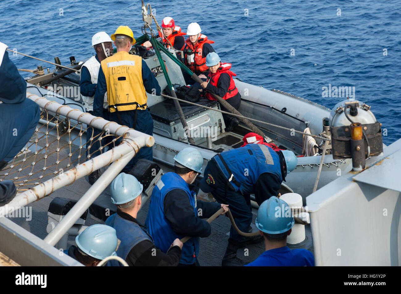 Sailors raise a ridged hull inflatable boat (RHIB) aboard Austin-class ...