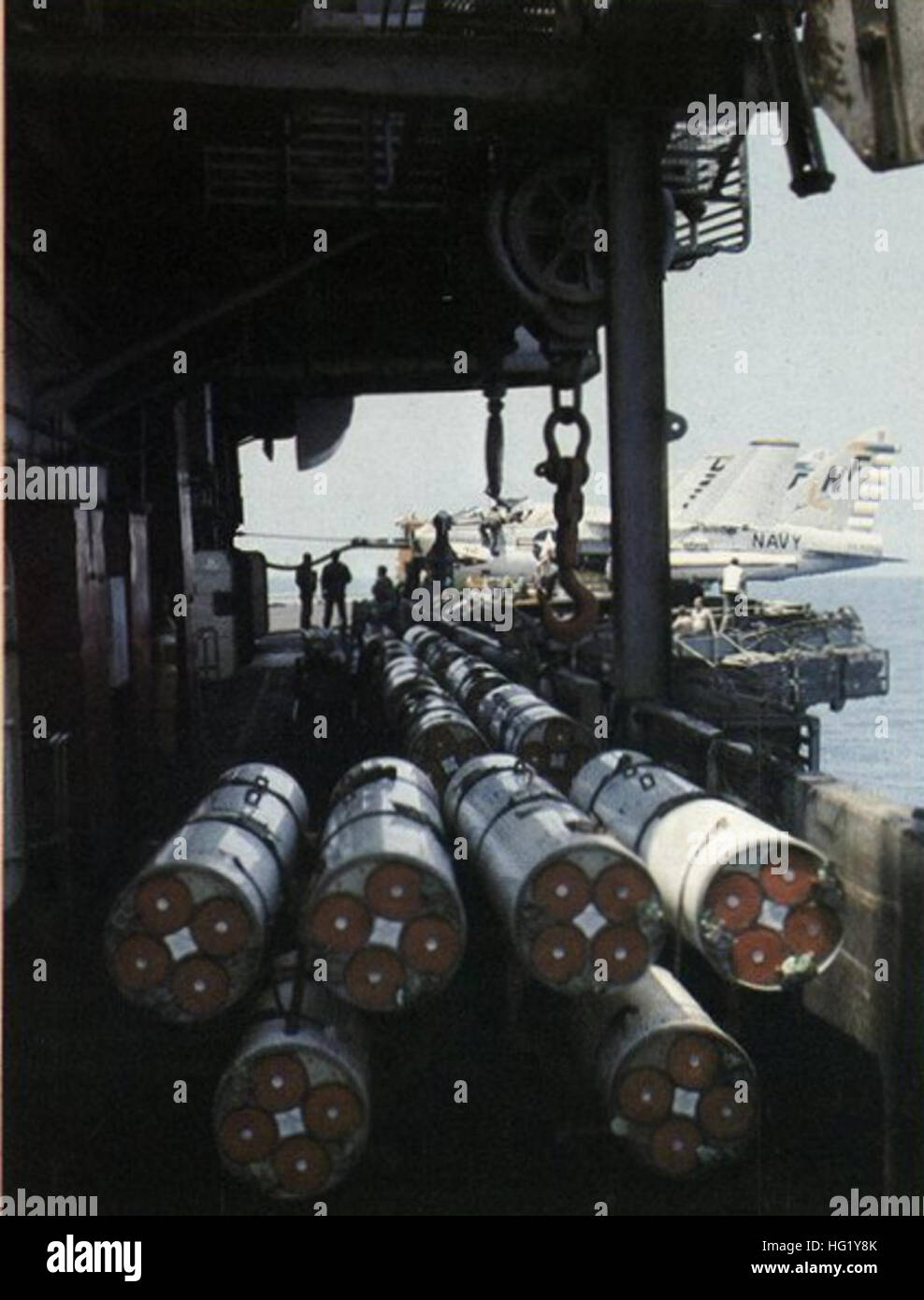 Zuni rocket launchers on USS Midway (CV-41) flight deck c1975 Stock ...