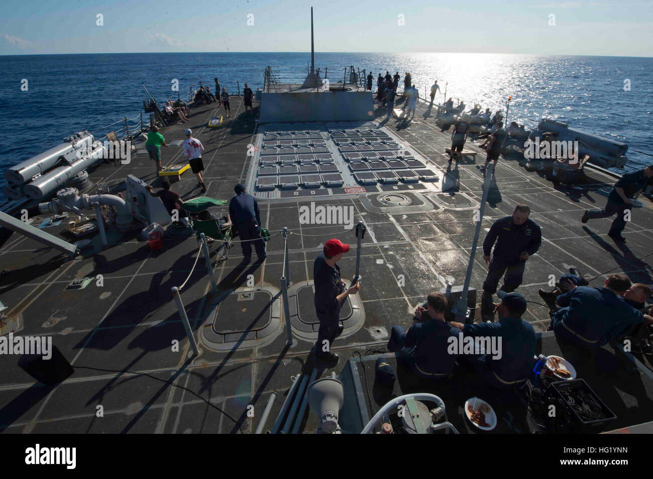 U.S. Sailors participate in a steel beach picnic May 26, 2014, aboard ...