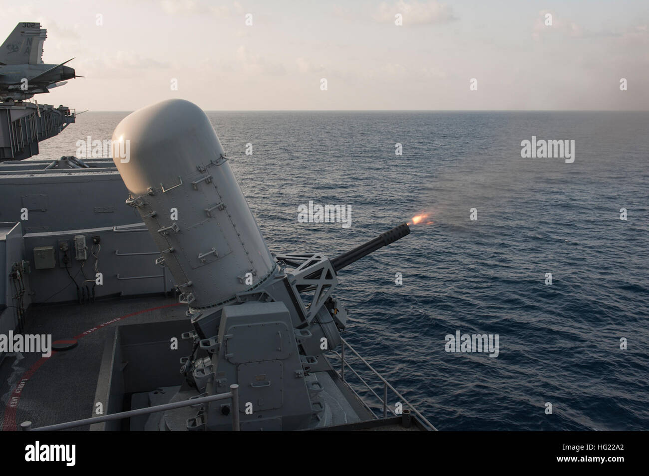 An MK 15 Baseline 2 Phalanx Close-In Weapons System (CIWS) fires from a ...