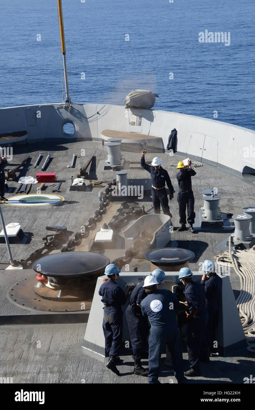 Sailors perform an anchor drop aboard amphibious transport dock ship ...