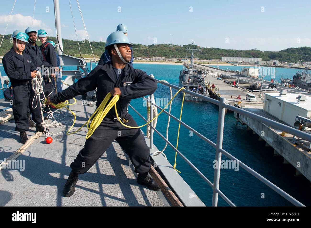 Seaman Donnovon Angevine, from Houston, throws a heaving line from the ...