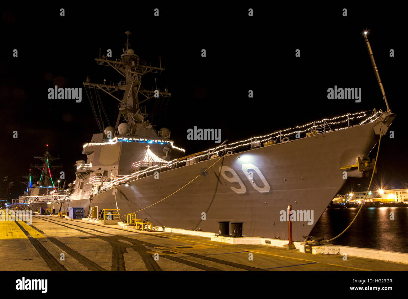 The guided-missile destroyer USS Chafee (DDG 90) displays its holiday ...