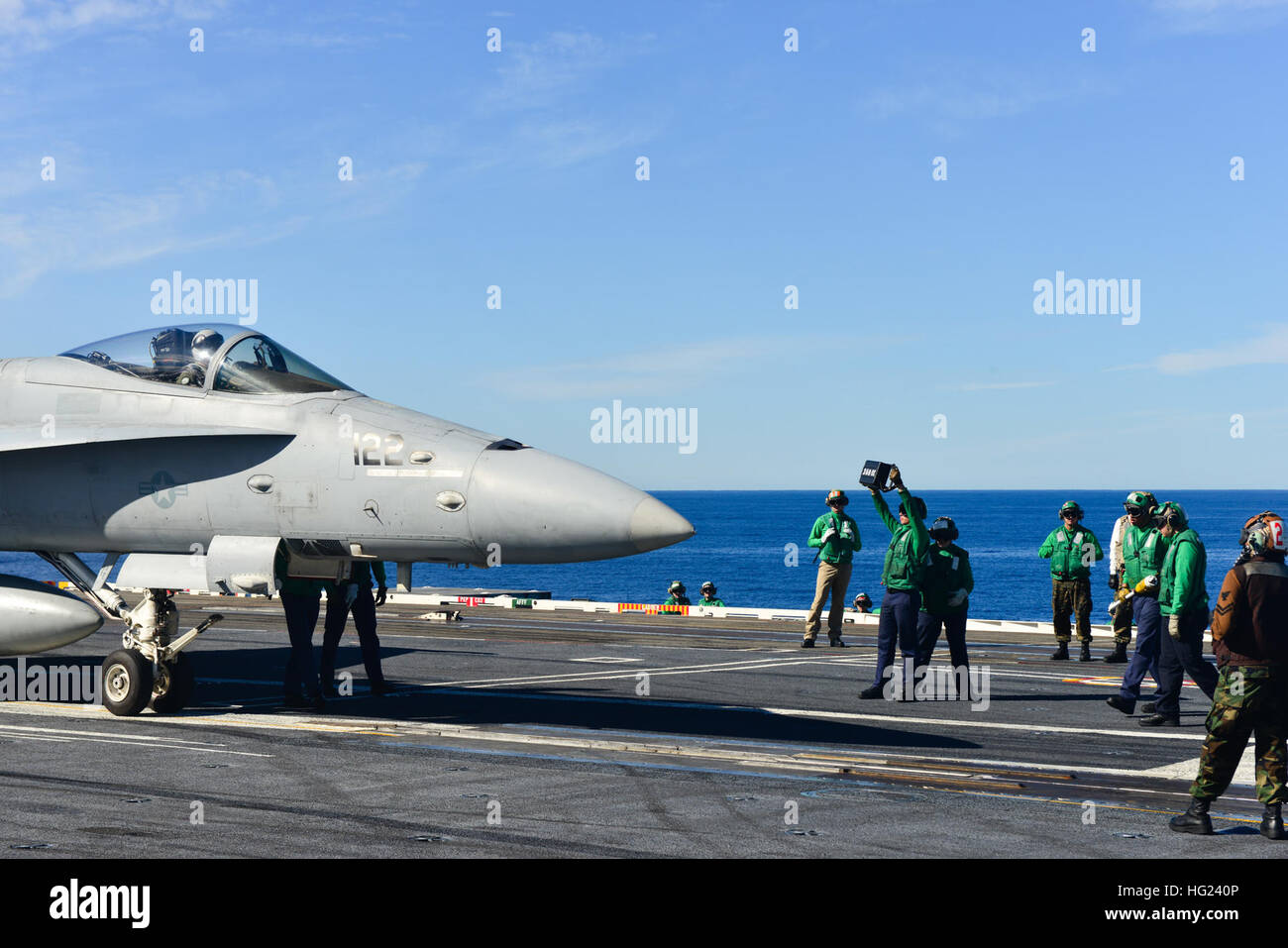 Sailors prepare to launch an F/A-18C Hornet from the Sharp Shooters of ...
