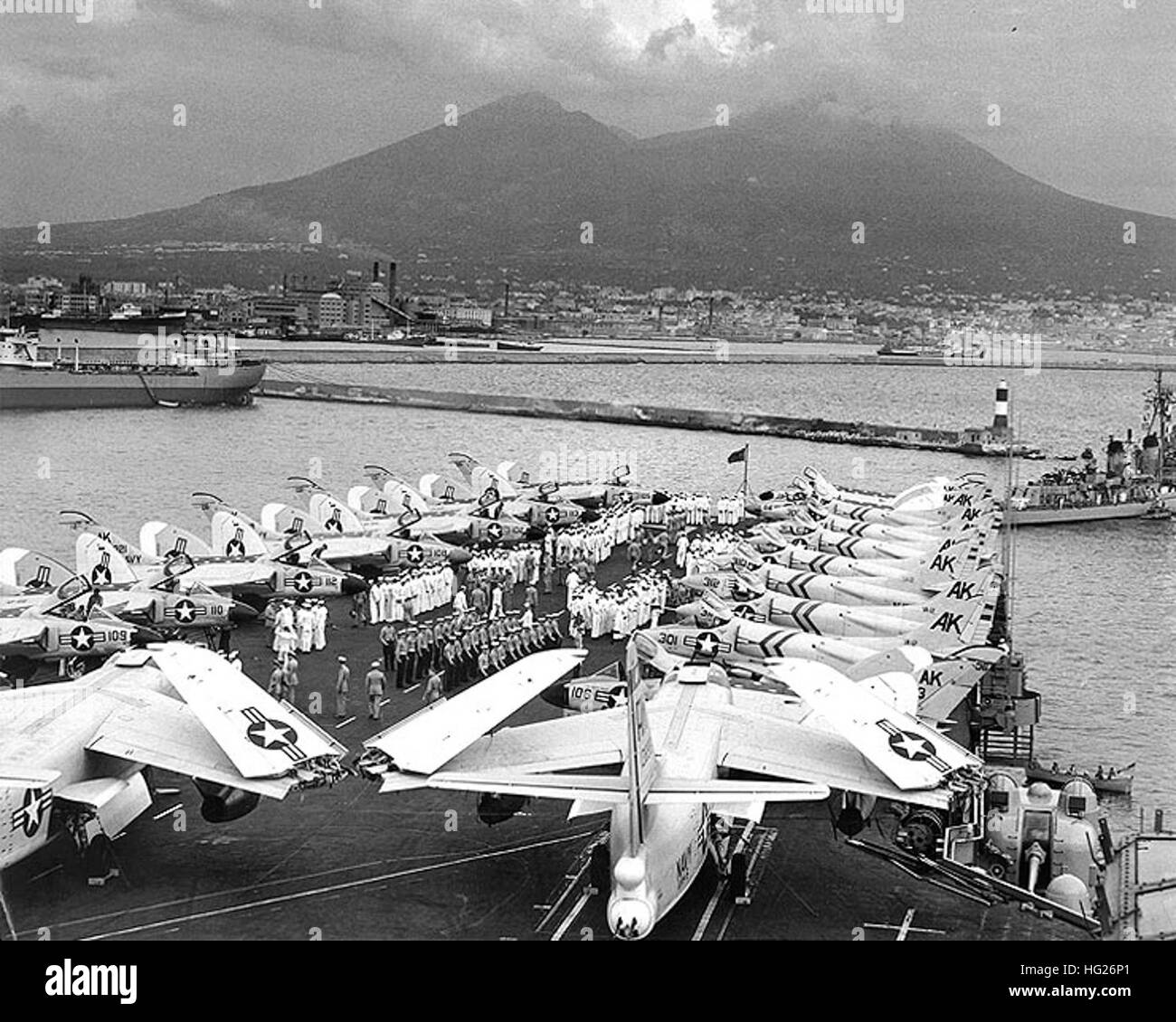 USS Forrestal (CVA-59) enters port at Naples, Italy, circa early 1959 ...