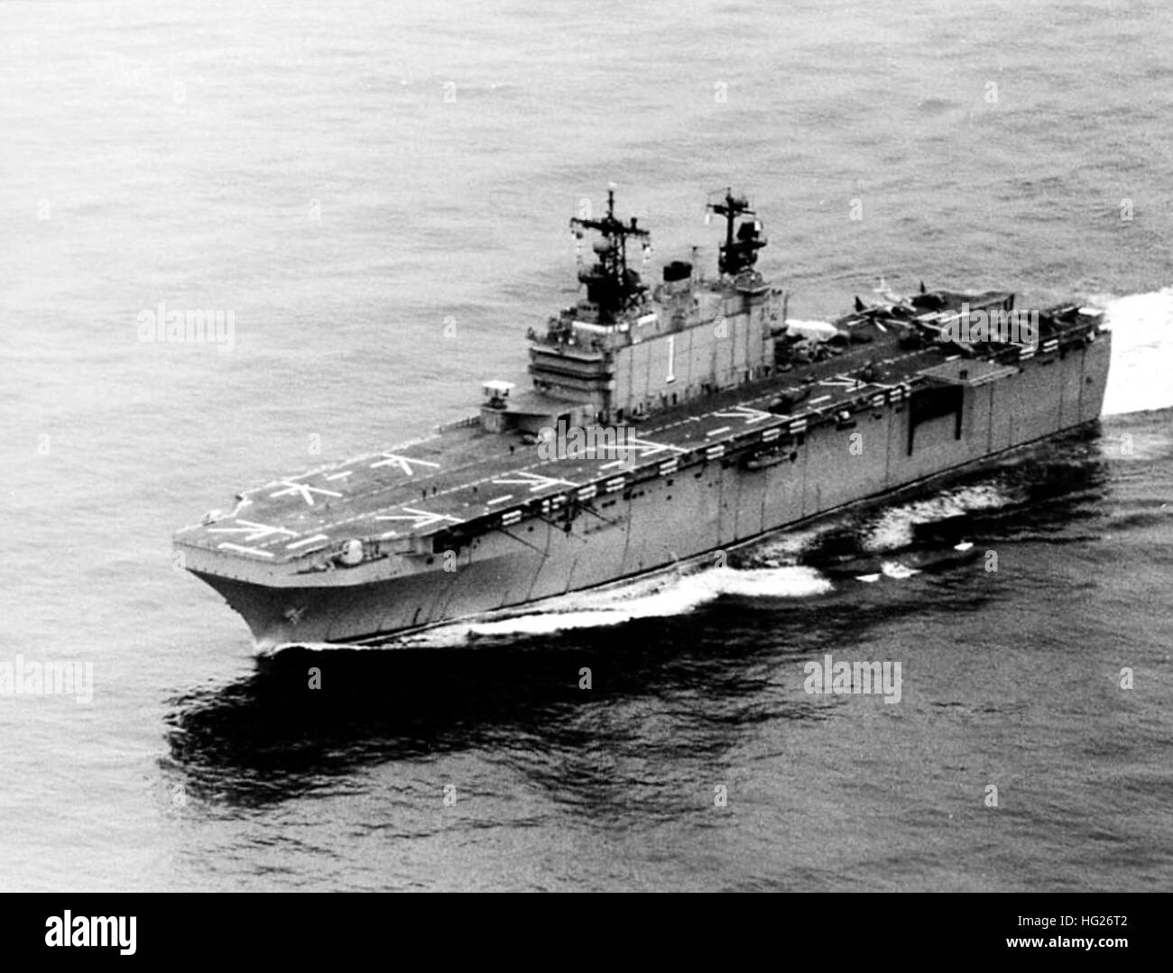 USS Tarawa (LHA-1) underway in the Pacific Ocean, March 1979. Note the ...