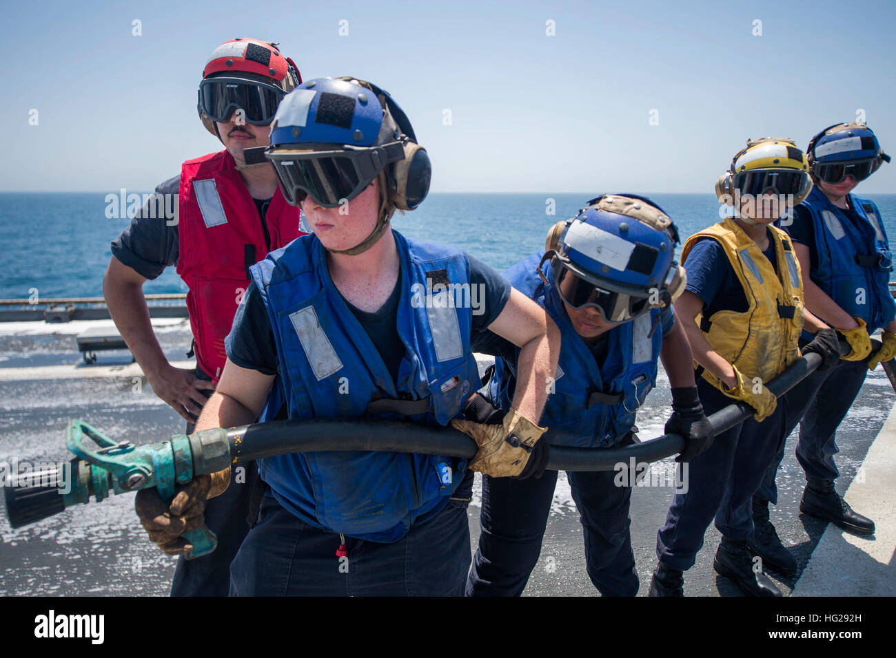ARABIAN GULF (July 18, 2015) Sailors conduct a firefighting drill on ...