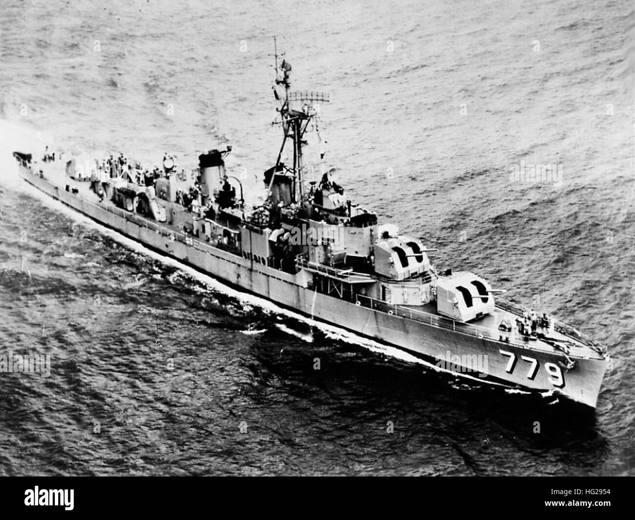 USS Douglas H. Fox (DD-779) underway at sea, circa the middle or later ...