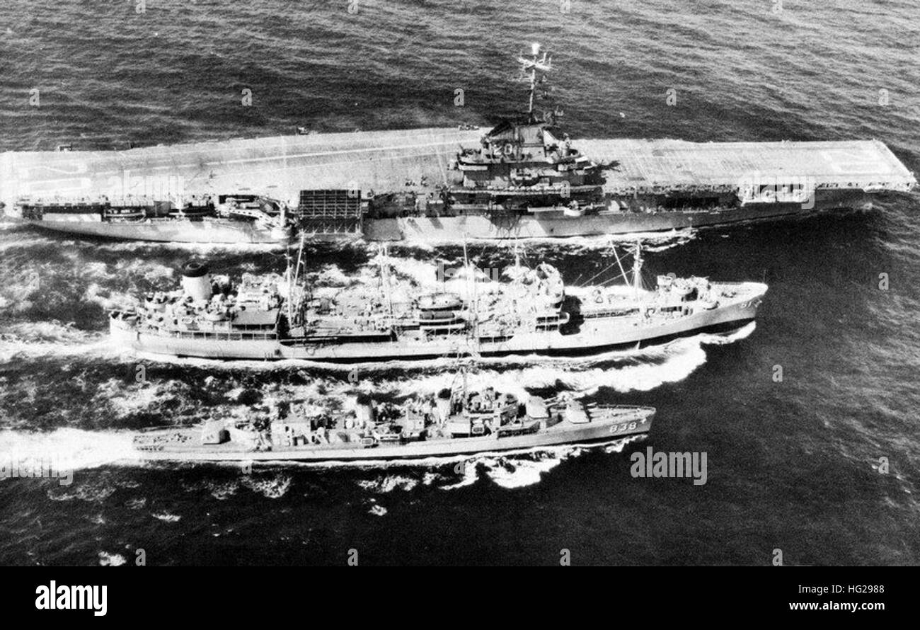 USS Ashtabula (AO-51) refueling USS Bennington (CVA-20) and USS Ernest ...