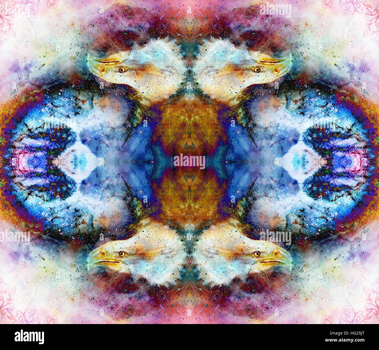 collage with eagle head and ornaments on multicolor abstract background ...