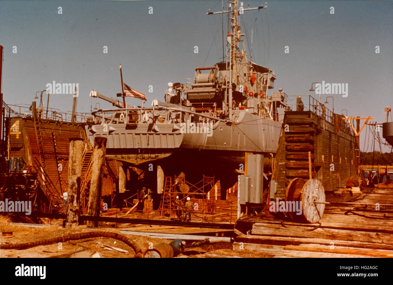USS Venture (MSO-496) dry-docked at Detyen's Shipyard, South Carolina ...