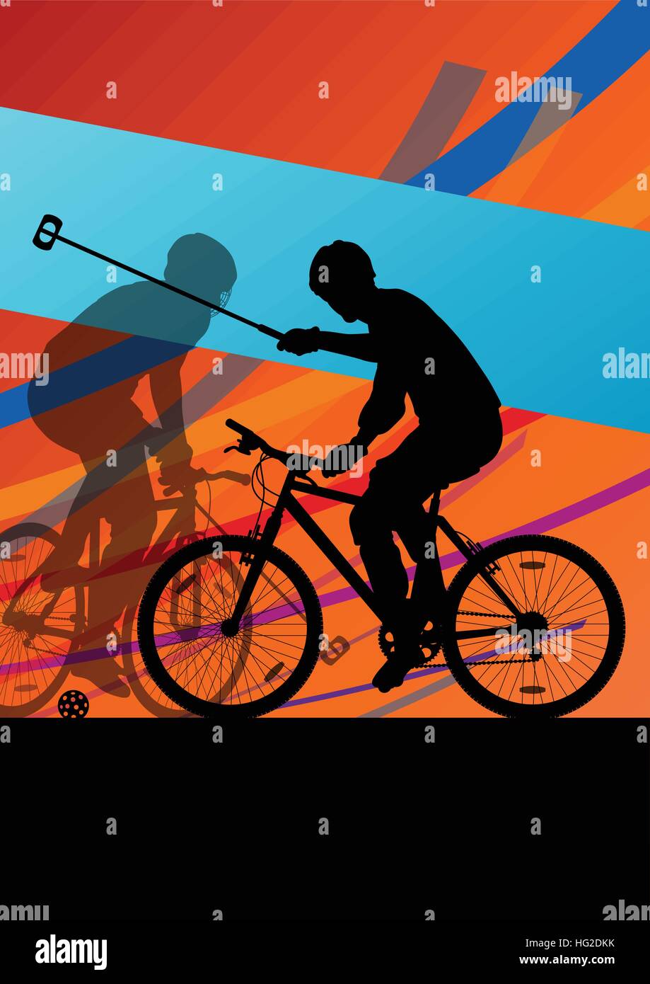 Bicycle polo players active men cyclists riders in abstract landscape ...