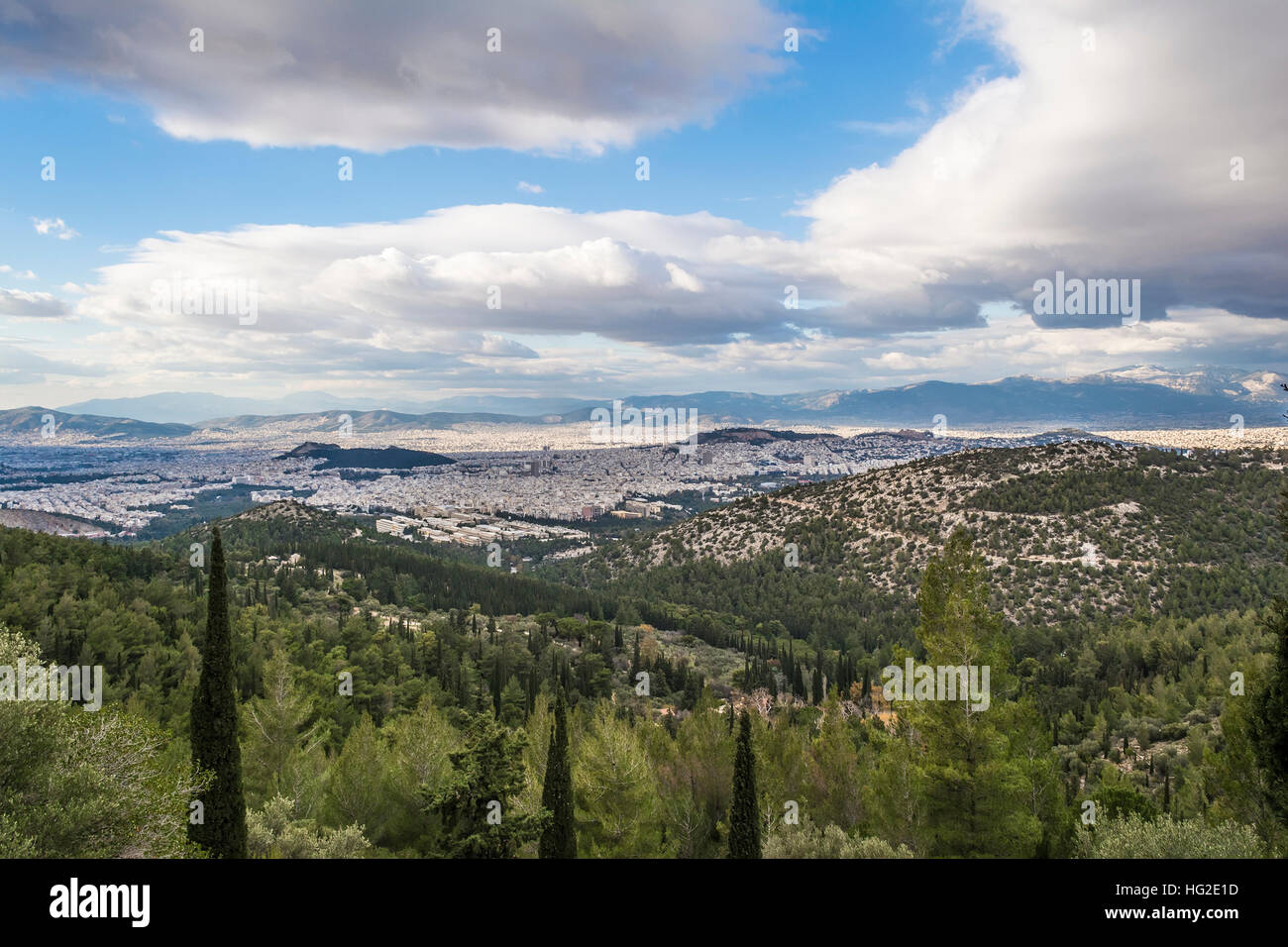 Evening panoramic view of Athens from hymettus mountain, Greece Stock ...