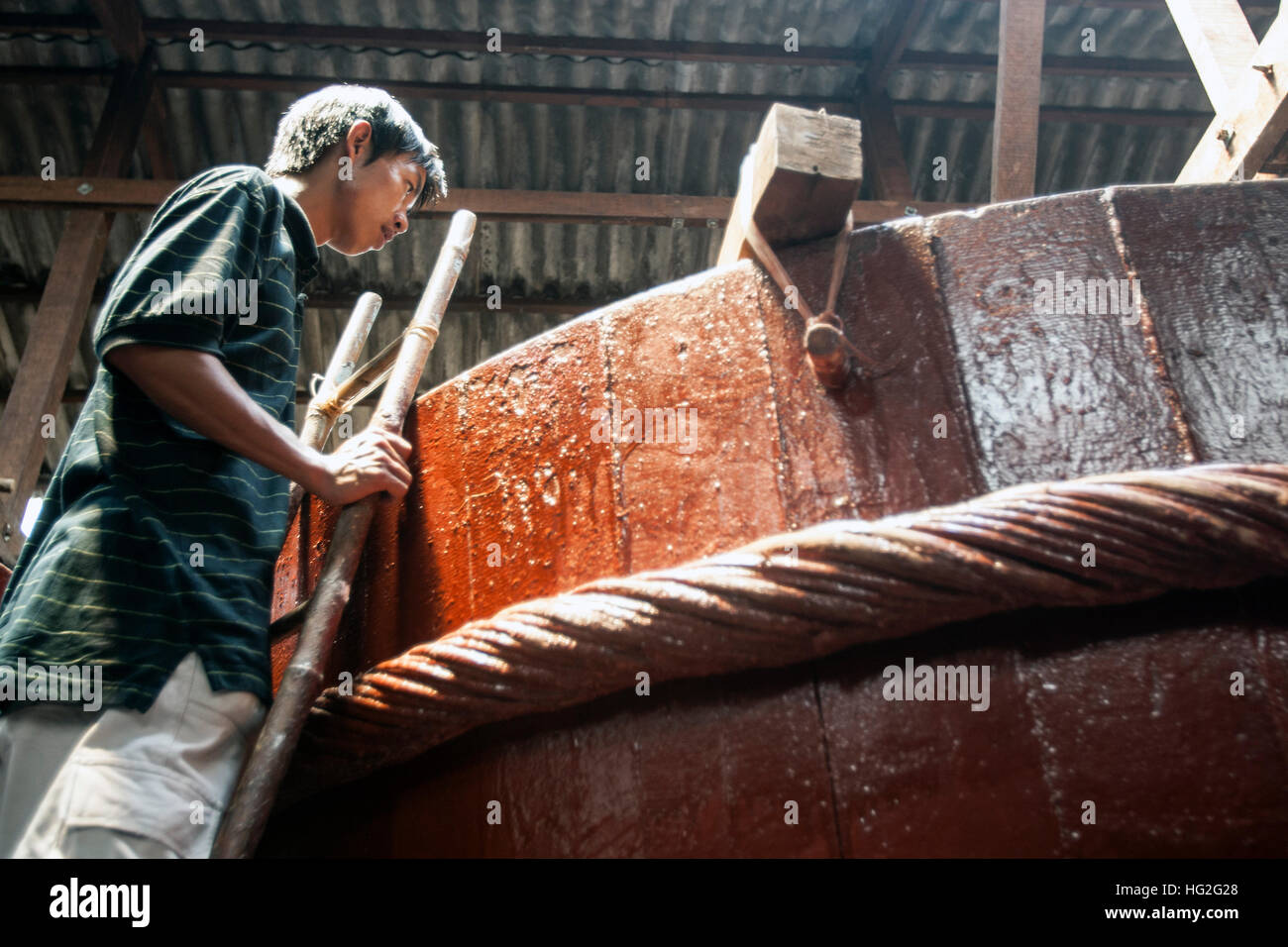 Large vat of fermenting fish sauce at factory Duong Dong town Phu Quoc ...