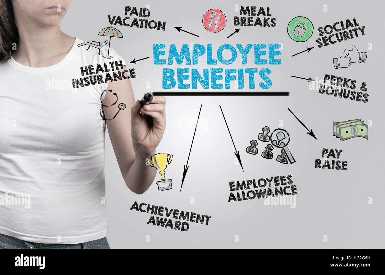 Employee Benefits Concept. Woman on gray background Stock Photo - Alamy