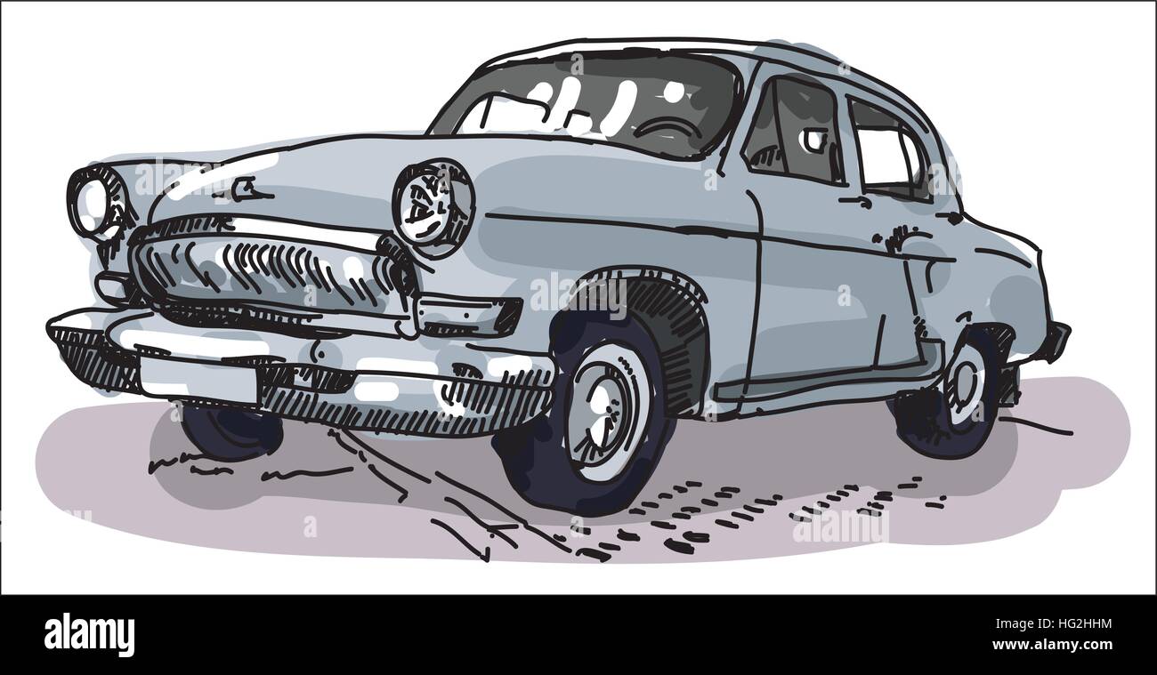 Digital vector sketch of an old retro silver blue car Stock Vector ...
