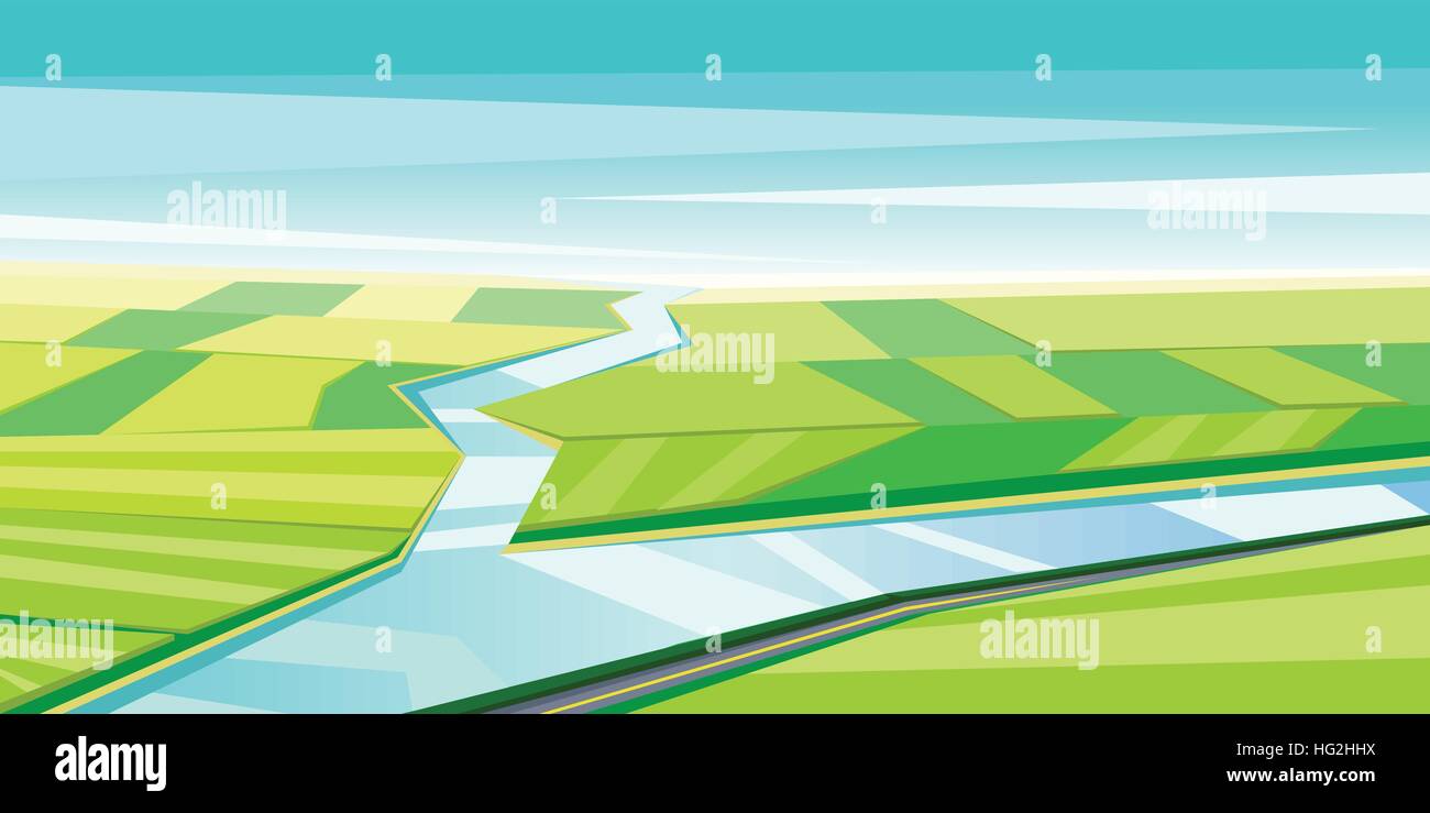 Digital vector abstract background with river and green fields, flat ...