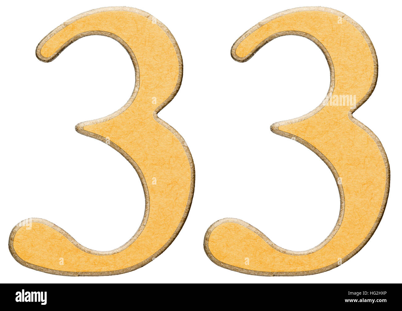 33, thirty three, numeral of wood combined with yellow insert, isolated ...