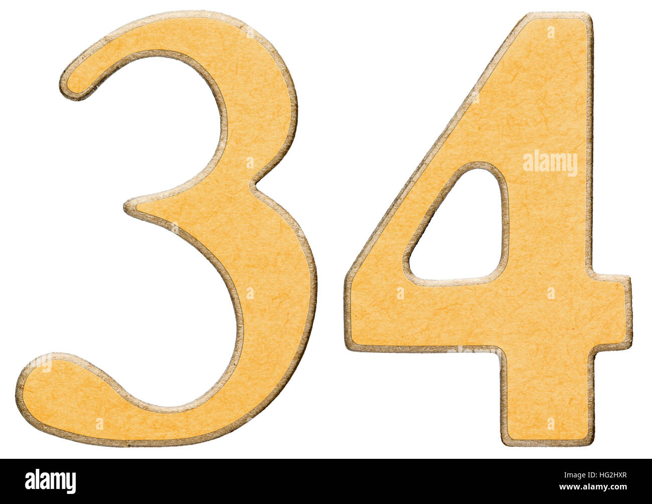 34, thirty four, numeral of wood combined with yellow insert, isolated ...