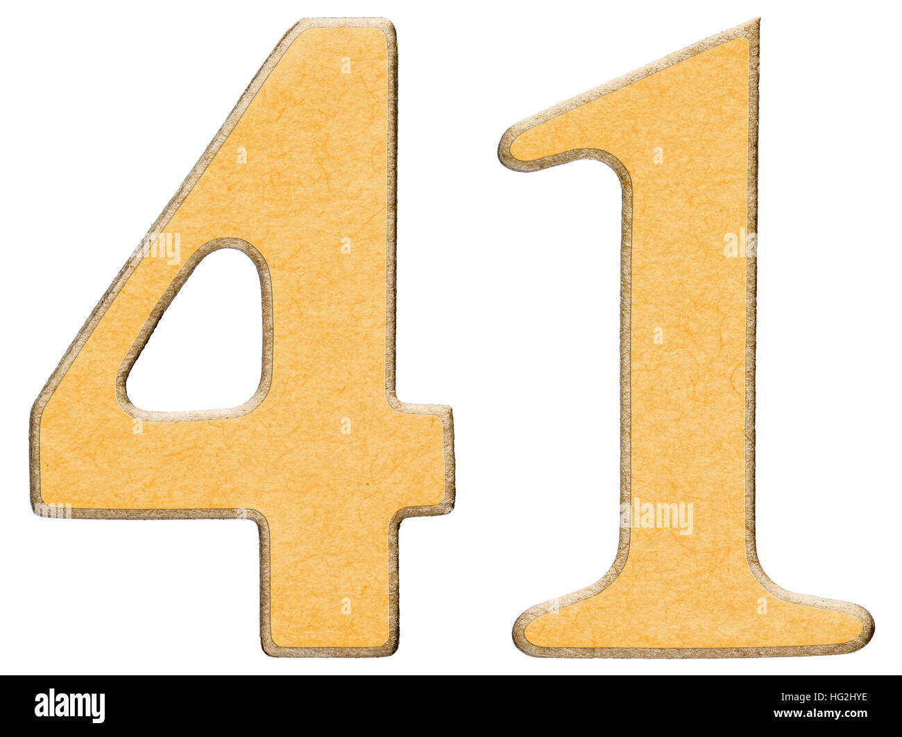 41, forty one, numeral of wood combined with yellow insert, isolated on ...