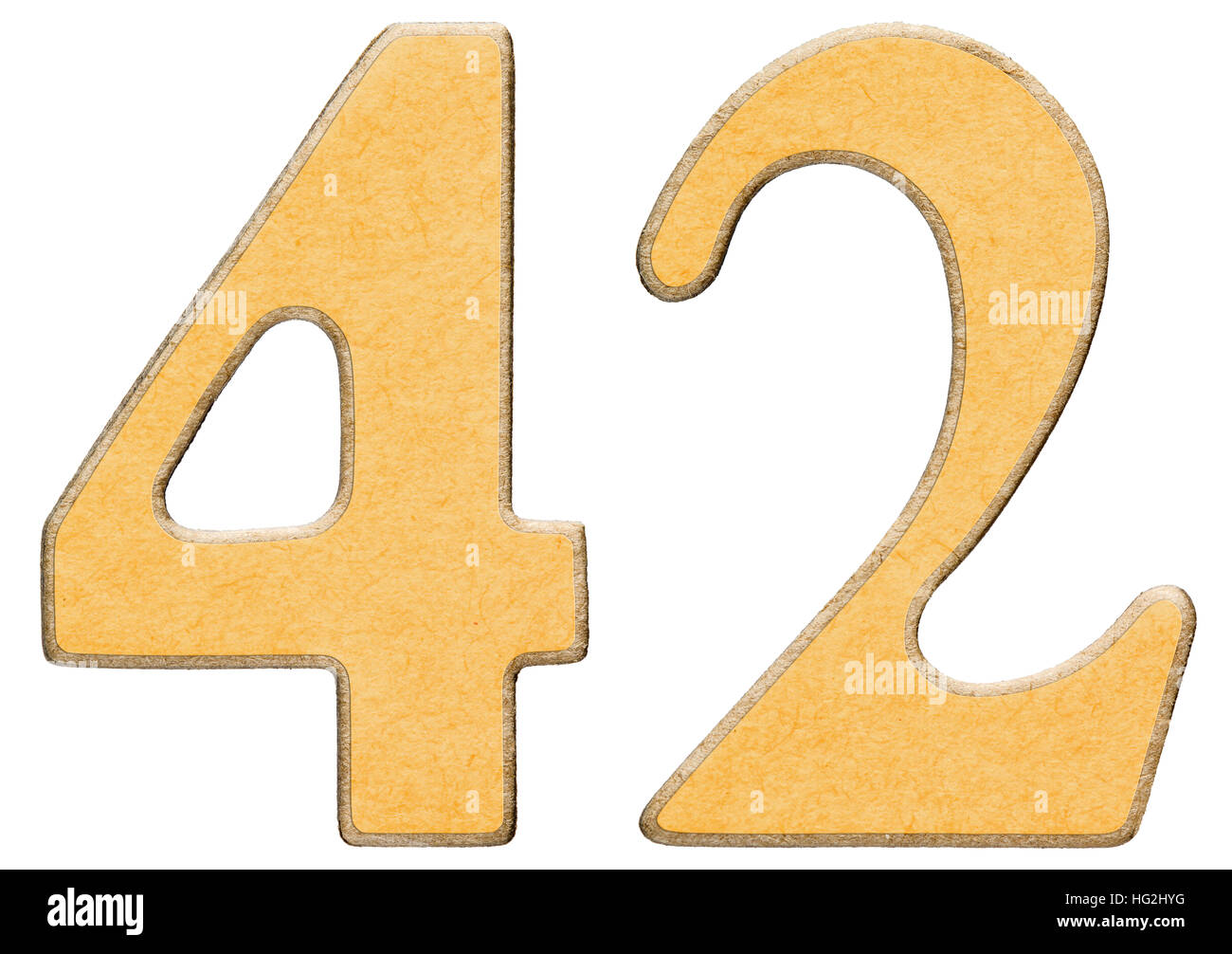 42, forty two, numeral of wood combined with yellow insert, isolated on ...