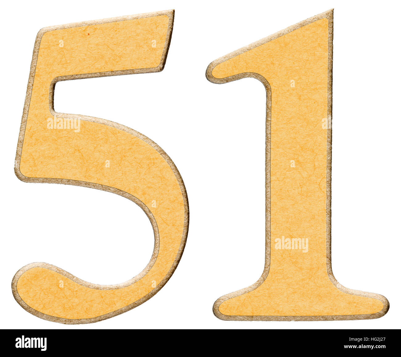 51, fifty one, numeral of wood combined with yellow insert, isolated on ...