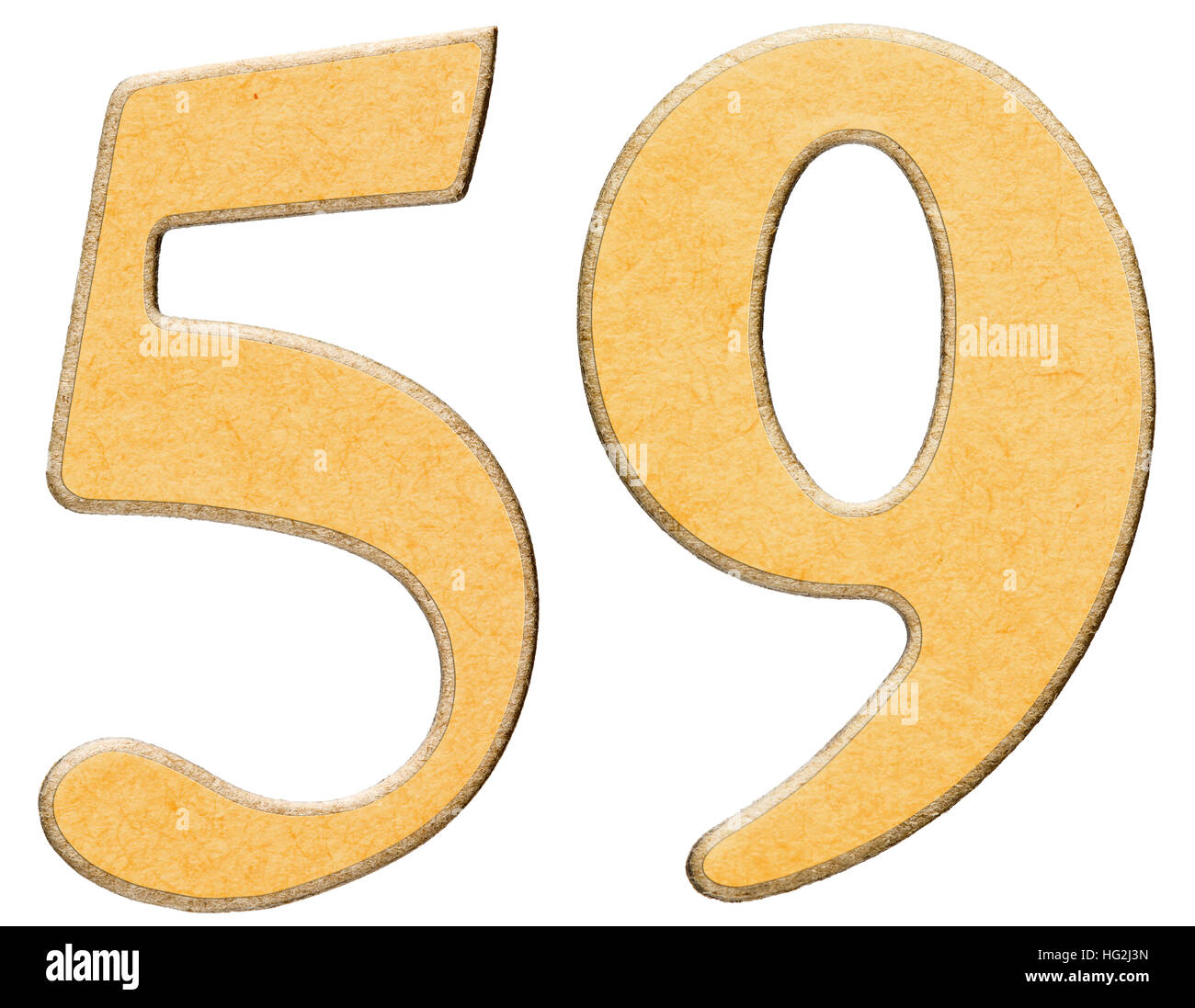 59, fifty nine, numeral of wood combined with yellow insert, isolated ...