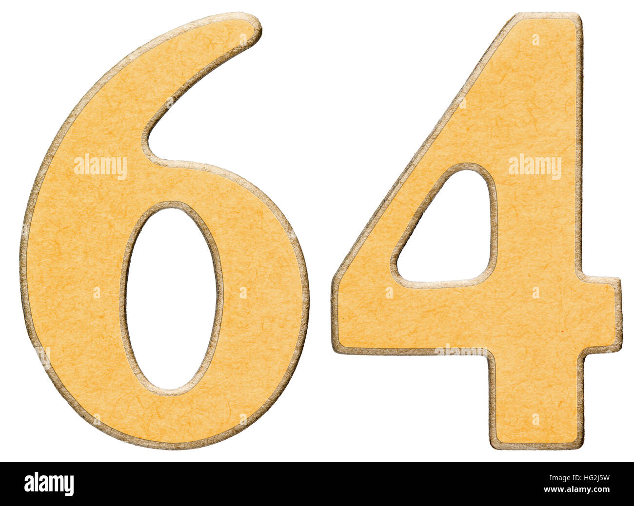 64, sixty four, numeral of wood combined with yellow insert, isolated ...