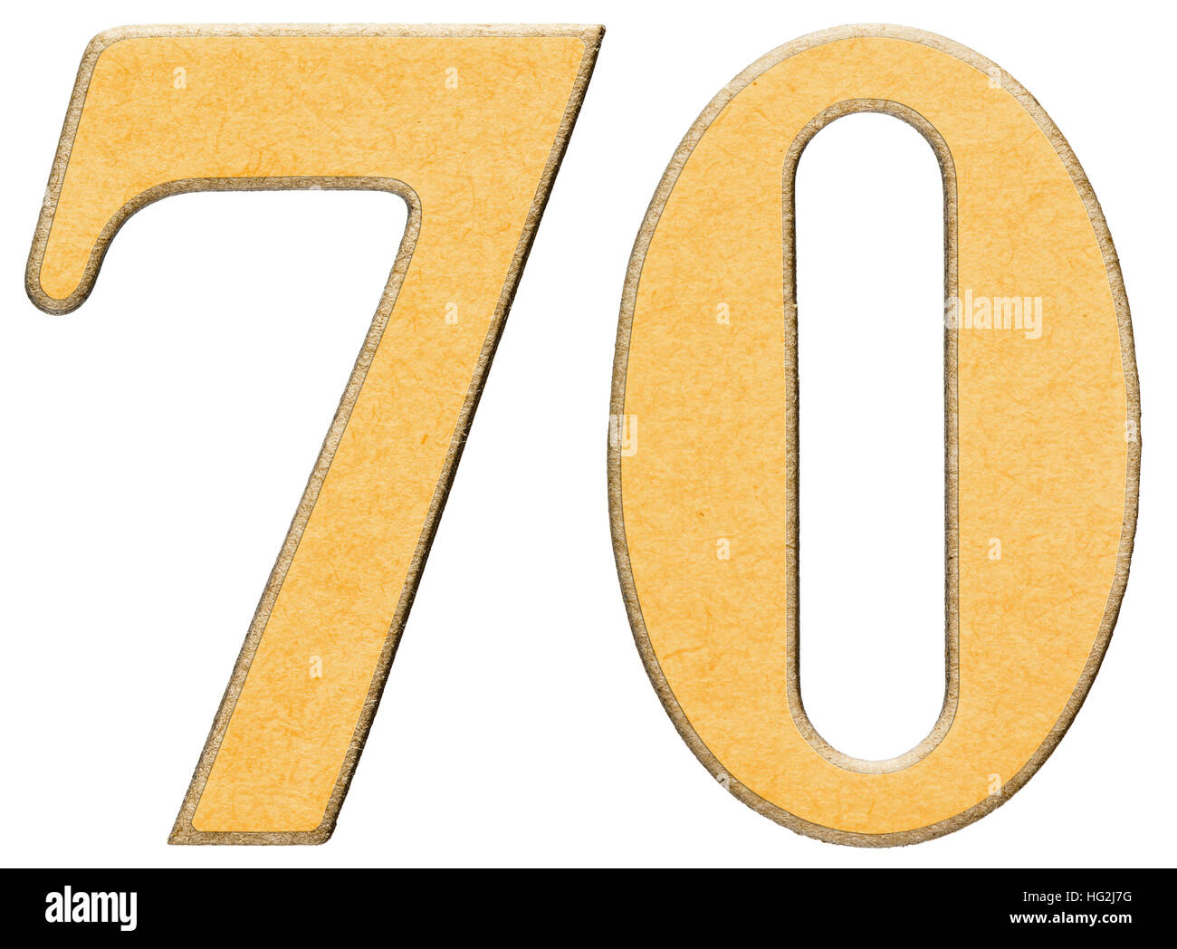 70, seventy, numeral of wood combined with yellow insert, isolated on ...