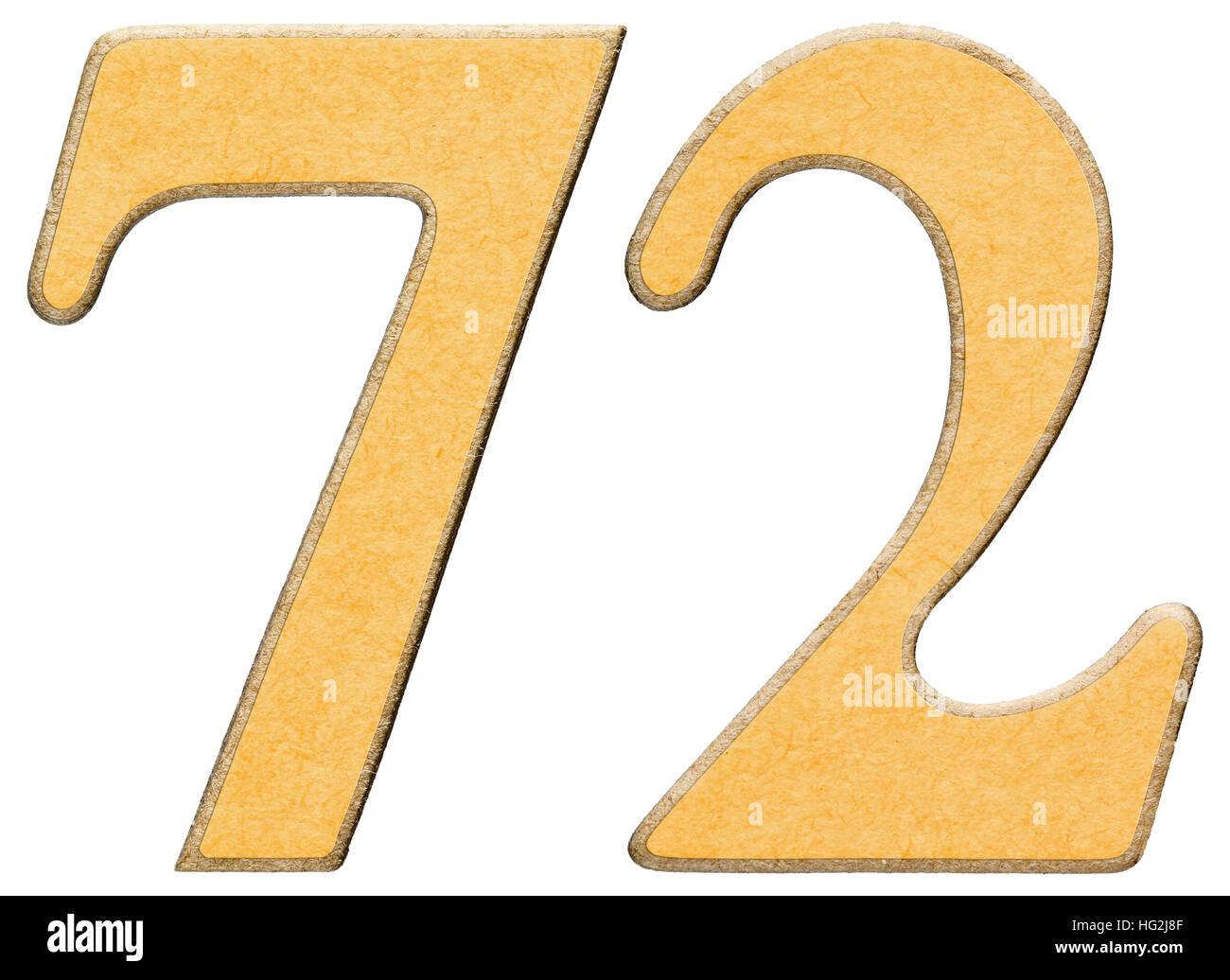 72, seventy two, numeral of wood combined with yellow insert, isolated ...