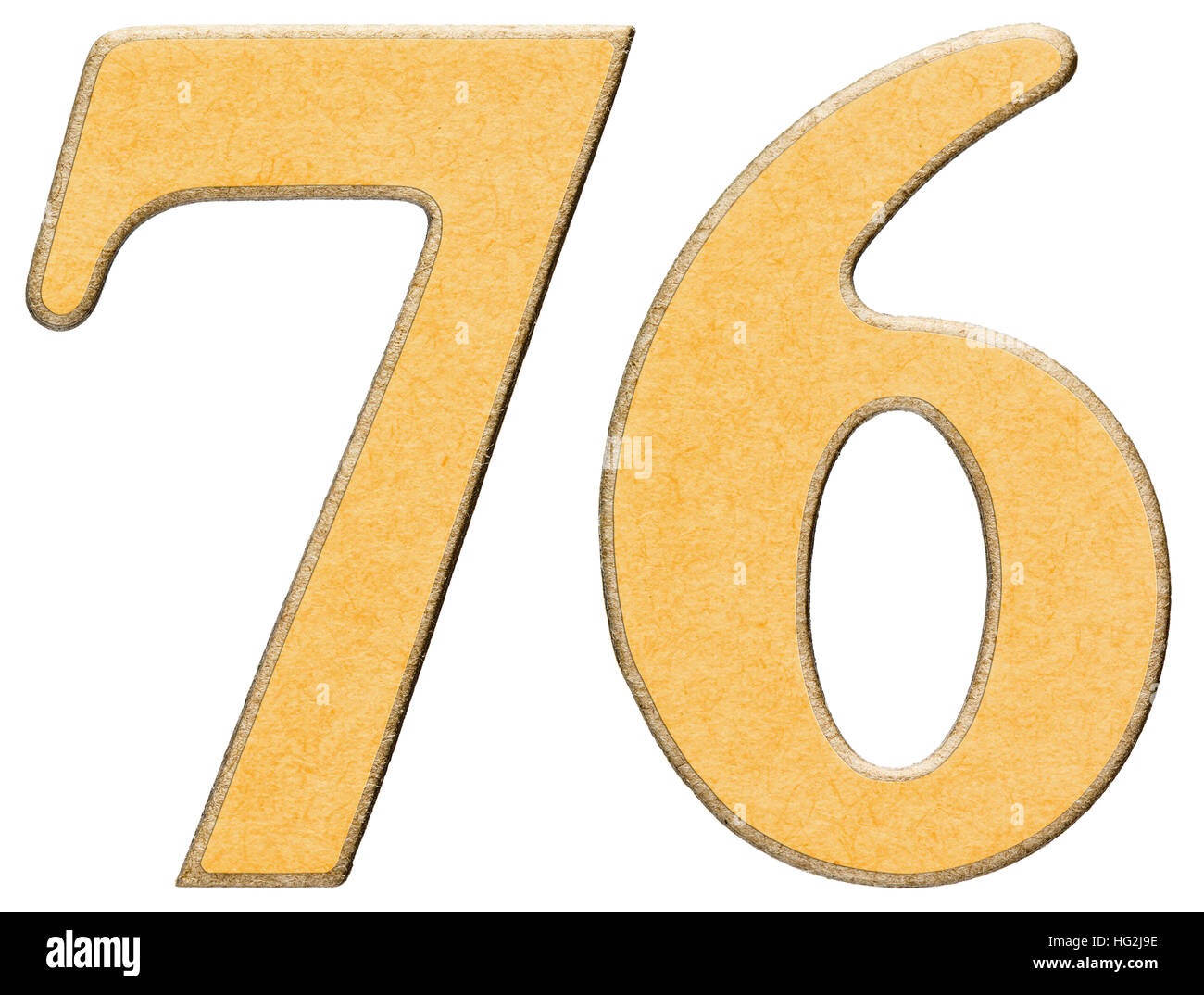 76, seventy six, numeral of wood combined with yellow insert, isolated ...