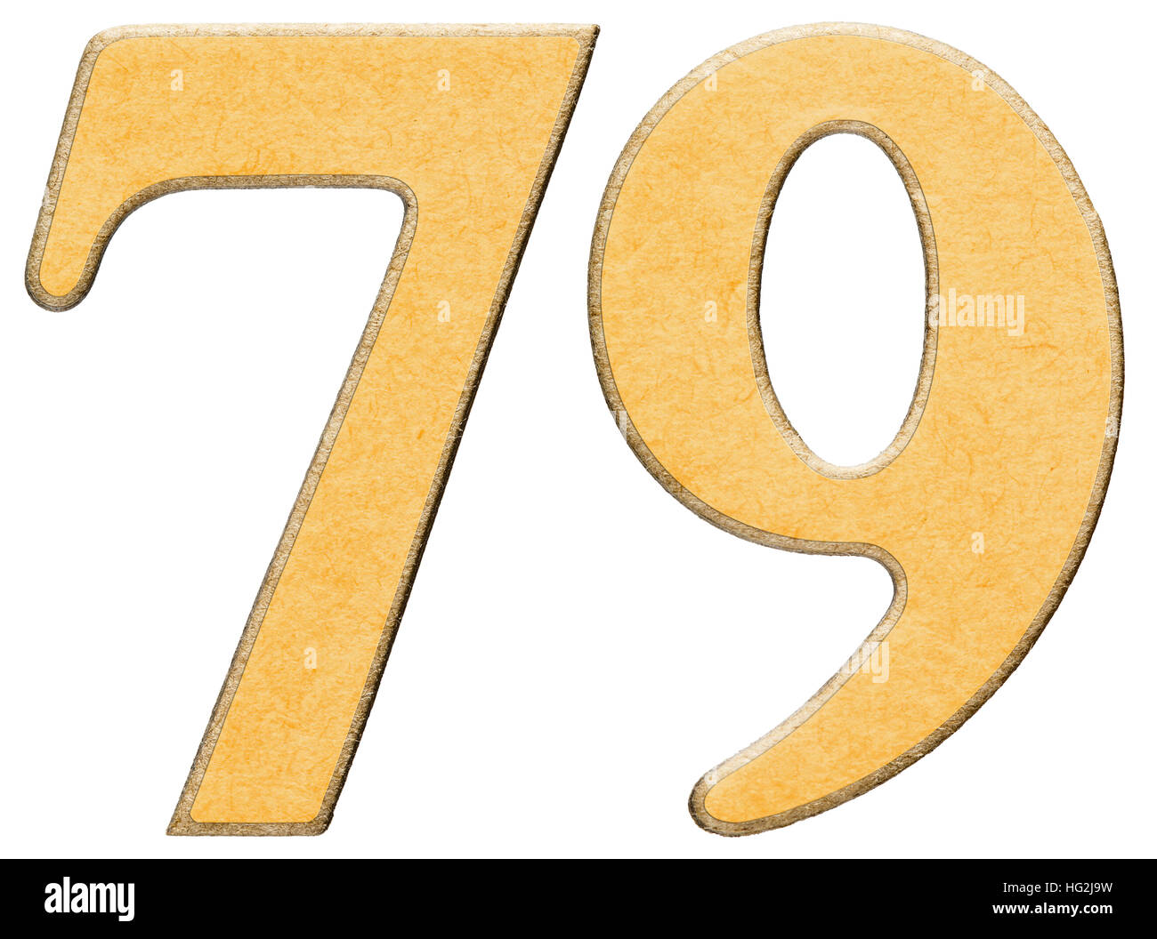 79, seventy nine, numeral of wood combined with yellow insert, isolated ...