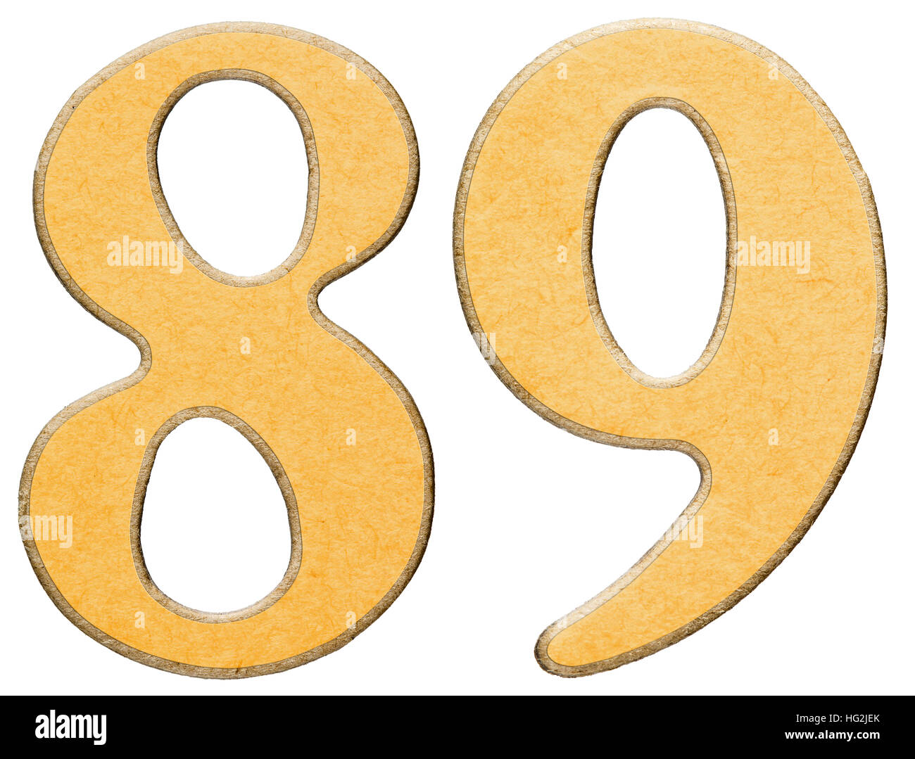 89, eighty nine, numeral of wood combined with yellow insert, isolated ...