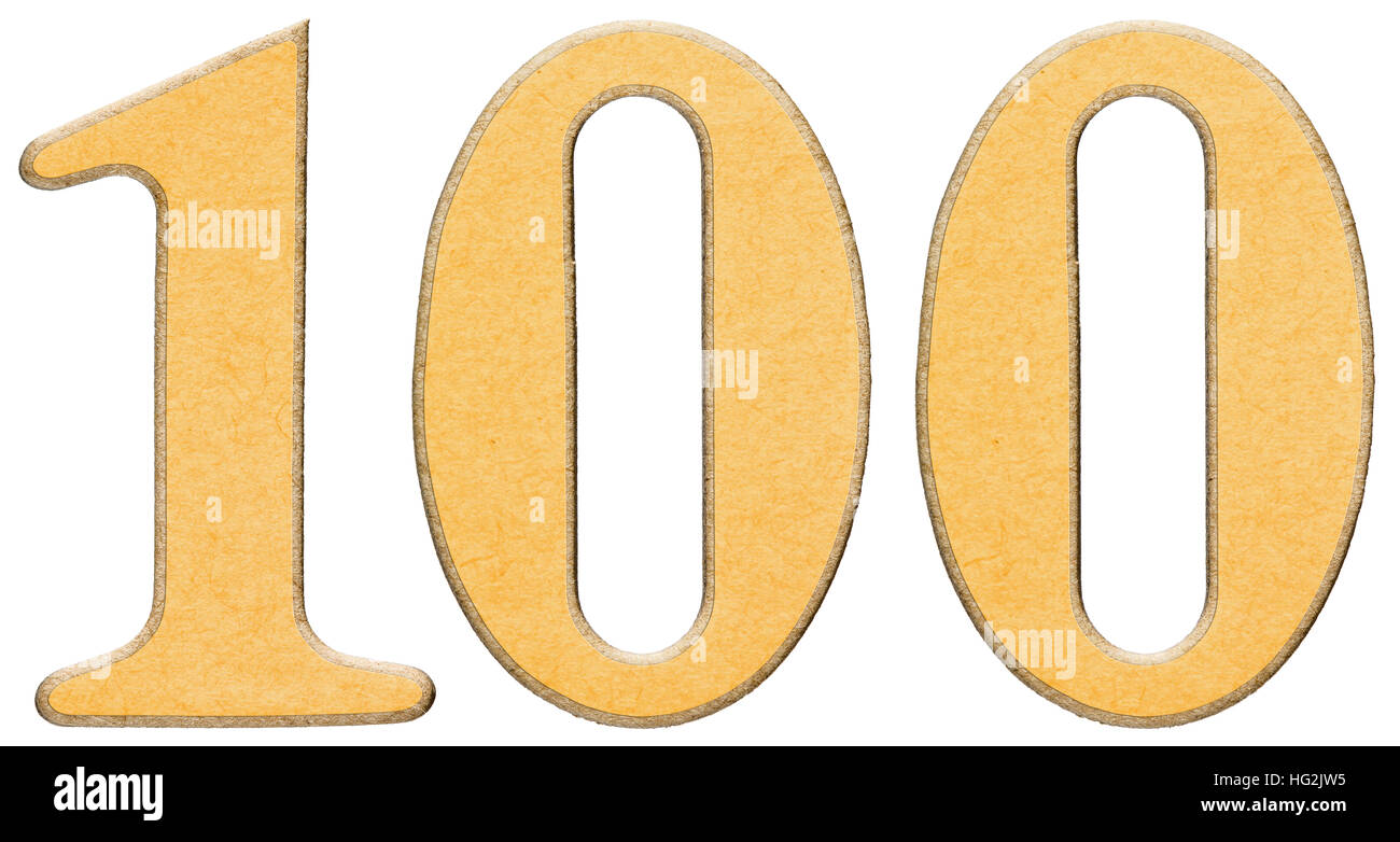100, one hundred, numeral of wood combined with yellow insert, isolated ...