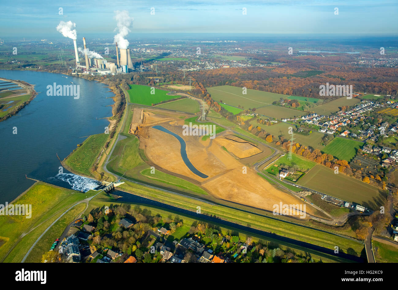 Aerial view, Emscher estuary, Rhine meadows, Dinslaken, Rhine ...